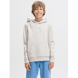 Jack & Jones Kapuzensweatshirt JACK & JONES JUNIOR "JJKENJI SWEAT HOOD JNR", Jungen, Gr. 140, weiß melange, angeraute Sweatware, Obermaterial: 70% Baumwolle, 30% Polyester, unifarben, relaxed fit normal, Rippbündchen, Sweatshirts