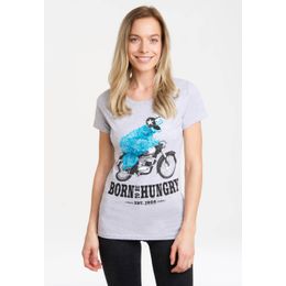 T-Shirt logoshirt "Sesamstrasse - Kr&uuml;melmonster Motorrad", Damen, Gr. L, grau (grau, meliert), 95% Baumwolle, 5% Viskose, unifarben, normal, Rundhals, Shirts T-Shirt, mit lizenziertem Print