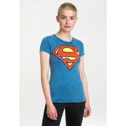 T-Shirt logoshirt "Superman", Damen, Gr. L, blau (blau, mehrfarbig), 100% Baumwolle, bedruckt, normal, Rundhals, Shirts, mit coolem Vintage-Print