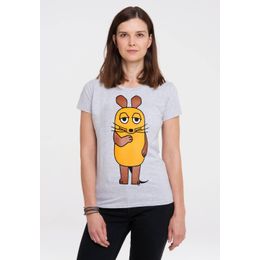 T-Shirt logoshirt "Sendung mit der Maus", Damen, Gr. L, grau (grau, meliert), 95% Baumwolle, 5% Viskose, unifarben, lang, Rundhals, Shirts T-Shirt, mit coolem Maus-Print