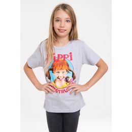 T-Shirt logoshirt "Pippi Langstrumpf", Mädchen, Gr. 104, grau (grau, meliert), 100% Baumwolle, bedruckt, unifarben, normal, Rundhals, Shirts, mit lizenziertem Print