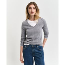 V-Ausschnitt-Pullover Gant "EXTRAFINE LAMBSWOOL V-NECK", Damen, Gr. L, grau (grau melange), Strick, Obermaterial: 90% Wolle, 10% Polyamid, V-Ausschnitt, Rippbündchen, Pullover