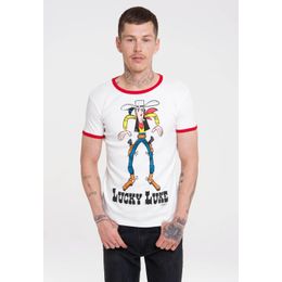 T-Shirt logoshirt "Lucky Luke", Herren, Gr. L, weiß, 100% Baumwolle, bedruckt, normal, Rundhals, Shirts, mit farblich abgesetzten Bündchen