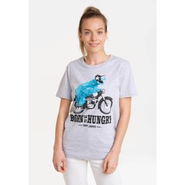 T-Shirt logoshirt "Sesamstrasse - Kr&uuml;melmonster Motorrad", Damen, Gr. L, grau (grau, meliert), 95% Baumwolle, 5% Viskose, bedruckt, normal, Rundhals, Shirts T-Shirt, mit lizenziertem Print