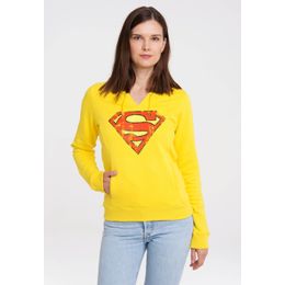 Kapuzensweatshirt logoshirt "DC Comics - Superman", Damen, Gr. L, gelb, 70% Baumwolle, 30% Polyester, unifarben, normal, ohne Ausschnitt, Sweatshirts, mit lizenziertem Print