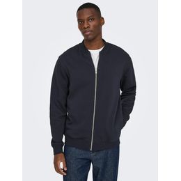 Only & Sons Sweatshirt ONLY & SONS "ONSCERES REG ZIP BOMBER JCK NOOS", Herren, Gr. M, schwarz, angeraute Sweatware, Obermaterial: 57% Baumwolle, 43% Polyester, unifarben, regular fit normal, hoch geschlossener Ausschnitt, Rippbündchen, Sweatshirts