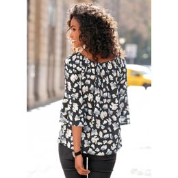 Carmenbluse Lascana, Damen, Gr. 34, schwarz (schwarz, bedruckt), Web, Obermaterial: 100% Viskose, bedruckt, figurumspielend hüftlang, Carmenausschnitt, Volant, Blusen, mit Alloverprint, Damenbluse, schulterfrei, casual