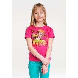 T-Shirt logoshirt "Pippi Langstrumpf & Herr Nilsson", Mädchen, Gr. 140/152, pink, 100% Baumwolle, bedruckt, normal, Rundhals, Shirts, mit Langstrumpf-Frontdruck