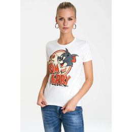 T-Shirt logoshirt "Tom & Jerry-Logo", Damen, Gr. XS, wei&szlig; (altwei&szlig;), 100% Baumwolle, bedruckt, normal, Rundhals, Shirts T-Shirt, mit lizenziertem Originaldesign