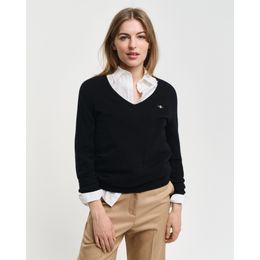 V-Ausschnitt-Pullover Gant "EXTRAFINE LAMBSWOOL V-NECK", Damen, Gr. L, schwarz, Strick, Obermaterial: 90% Wolle, 10% Polyamid, V-Ausschnitt, Rippbündchen, Pullover