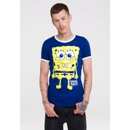 T-Shirt logoshirt "Spongebob", Herren, Gr. L, blau, 100% Baumwolle, bedruckt, normal, Rundhals, Shirts, mit Spongebob Schwammkopf-Print