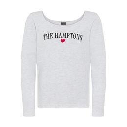 Langarmshirt Kidsworld "Shirt mit Hamptons-Druck für Mädchen", Mädchen, Gr. 140/146, grau (hellgrau meliert), Jersey, Obermaterial: 99% Baumwolle, 1% Viskose, bedruckt, figurbetont hüftlang, U-Boot-Ausschnitt, abgesteppte Kante, Shirts, Tieferer Ausschnitt