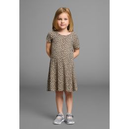 Jerseykleid Kidsworld "Shirtkleid in Leo-Musterung", Mädchen, Gr. 128/134, N-Gr, gemustert leo, Jersey, Obermaterial: 95% Viskose, 5% Elasthan, animal-print, figurumspielend knielang, Rundhals, Kleider, Shirtkleid in Leo-Optik, unten austestellt
