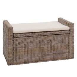 MCW Aufbewahrungstruhe Genua, Truhe Sitzbank Garderobenbank, Kissen Kubu Rattan 88cm ~ grau-braun