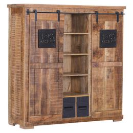 Landscape Highboard, Natur, Schwarz, Metall, Mangoholz, massiv, 11 F&auml;cher, 2 Schublade(n) Schubladen, 145x145x45 cm, Typenauswahl, Beim&ouml;bel erh&auml;ltlich, stehend, Holzm&ouml;bel, Kleinm&ouml;bel Holz, Holzkommoden, Highboards Holz