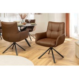 Riess Ambiente Drehbarer Design Stuhl SIGNATURE cognac braun Echtleder 360° mit Federkern schwarz Metall Polsterstuhl Riess-Ambiente Esszimmerstuhl Küchenstuhl