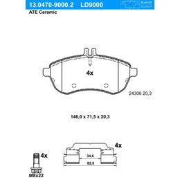 ATE Bremsbelagsatz, Scheibenbremse Ceramic 13.0470-9000.2 vorne rechts links mit Zubeh&ouml;r f&uuml;r MERCEDES-BENZ 0074201620 A0054200820 A0054201220