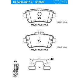 ATE Bremsbelagsatz, Scheibenbremse 13.0460-2607.2 hinten rechts links mit Zubeh&ouml;r f&uuml;r MERCEDES-BENZ A0004206504 A0064206320 0064206320