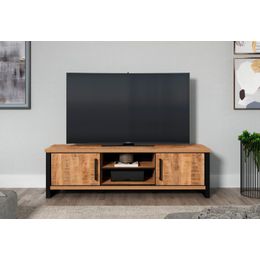 Lowboard Home Affaire "Elda", mango, schwarz, B:166cm H:50cm T:45cm, Holzwerkstoff, MDF, Metall, Sideboards, TV Lowboard mit 2 Türen und 2 offenen Fächern – (B/T/H) 166/45/50 cm