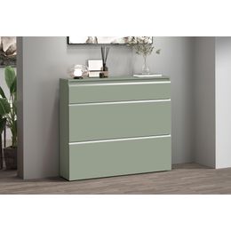 Schuhschrank Inosign "Magic Schuhschrank, Schuhkommode, Schuhregal, softgriff", salbei, B:120cm H:108cm T:26,5cm, FSC-zertifizierter Holzwerkstoff, Schränke, 3 Klappen,Doppelschuhtrommeln,hochglanz lackiert oder matt,Breite 120