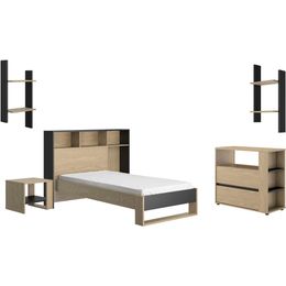 Schlafzimmer-Set GAMI "Nael SET N3", eiche rockwood nachbildung, uni schwarz, Eiche Rockwood Nachbildung / Uni Schwarz + ohne Matratze, B/H: 90cm x 200cm, Eiche Rockwood Nachbildung / Uni Schwarz, Schlafzimmermöbel-Sets, Elegant Schlafzimmer