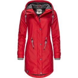 Regenjacke PEAK TIME "L60042", Damen, Gr. XS (34), rot (feuerrot), Obermaterial: 100% Polyurethan, Futter 1: 100% Polyester, Futter 2: 60% Baumwolle, 40% Polyester, Wattierung: 100% Polyester, tailliert ca. Mitte Oberschenkel, Ärmel ohne Ärmelschlitz normaler Saum, Jacken, stylisch taillierter Regenmantel für Damen