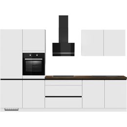 Küche IMPULS KÜCHEN ""Dublin", Ausrichtung wählbar, Schubkästen mit Soft-Close", küche: weiß, korpus: weiß, arbeitsplatte: oregon eiche, nachbildung, B:340cm H:222cm T:60cm, Komplettküchen-Sets, Küchenzeile, vormontiert, wahlweise mit E-Geräten, mit Vollauszug, Breite 340 cm