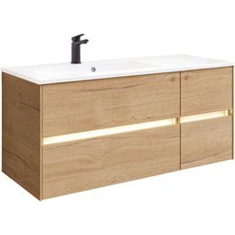 Waschtisch SAPHIR "Solid-Surface-Waschtisch mit Unterschrank Serie 6010,vormontiert,113cm", halifax eiche quer nachbildung, halifax eiche nachbildung, B:113cm H:53,2cm T:50cm, Spanplatte, Waschtische, Waschplatz, 4 Schubladen, LED-Beleuchtung, Badmöbel Set mit Waschtisch