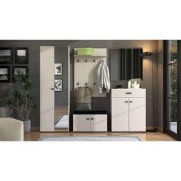 Garderoben-Set Home Affaire "Rathlin Flurmöbel, Dielenmöbel, Flurschrank, Flurgarderobe", kaschmir, B:218cm H:194cm T:35cm, Glas, Metall, Spanplatte, Kastenmöbel-Sets, inkl. 2 Schränke, Sitzbank mit Kissen, Garderobenpaneele und Spiegel