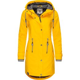 Regenjacke PEAK TIME "L60042", Damen, Gr. XXXL(46), gelb (dottergelb), Obermaterial: 100% Polyurethan, Futter 1: 100% Polyester, Futter 2: 60% Baumwolle, 40% Polyester, Wattierung: 100% Polyester, tailliert ca. Mitte Oberschenkel, Ärmel ohne Ärmelschlitz normaler Saum, Jacken, stylisch taillierter Regenmantel für Damen