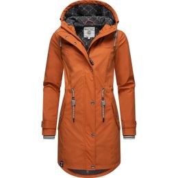 Regenjacke PEAK TIME "L60042", Damen, Gr. 5XL (50), rot (rotbraun), Obermaterial: 100% Polyurethan, Futter 1: 100% Polyester, Futter 2: 60% Baumwolle, 40% Polyester, Wattierung: 100% Polyester, tailliert ca. Mitte Oberschenkel, Ärmel ohne Ärmelschlitz normaler Saum, Jacken, stylisch taillierter Regenmantel für Damen
