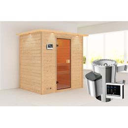 Sauna Karibu ""Sunie" mit bronzierter Tür und Kranz, naturbelassen", beige (naturbelassen), Saunaofen, externe Steuerung, 230 kW, Saunen, aus hochwertiger nordischer Fichte