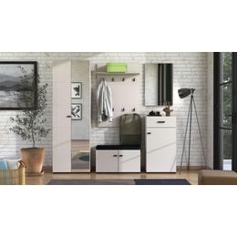 Garderoben-Set Home Affaire "Rathlin Flurmöbel, Dielenmöbel, Flurschrank, Flurgarderobe", kaschmir, B:193cm H:194cm T:35cm, Glas, Metall, Spanplatte, Kastenmöbel-Sets, inkl. 2 Schränke, Sitzbank mit Kissen, Garderobenpaneele und Spiegel