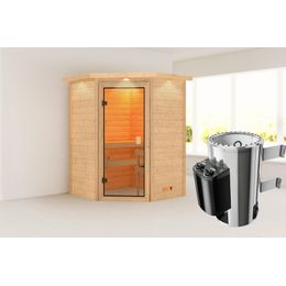 Sauna Karibu ""Anni" mit bronzierter Tür und Kranz, naturbelassen", beige (naturbelassen), Saunaofen, integrierte Steuerung, 230 kW, Saunen, aus hochwertiger nordischer Fichte