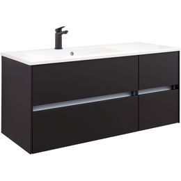 Waschtisch SAPHIR "Solid-Surface-Waschtisch mit Unterschrank Serie 6010,vormontiert,113cm", schwarz matt, schwarz matt, B:113cm H:53,2cm T:50cm, Spanplatte, Waschtische, Waschplatz, 4 Schubladen, LED-Beleuchtung, Badmöbel Set mit Waschtisch