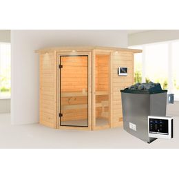 Sauna Karibu ""Josie" mit bronzierter Tür und Kranz, naturbelassen", beige (naturbelassen), Saunaofen, externe Steuerung, 400 kW, Saunen, aus hochwertiger nordischer Fichte