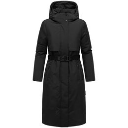 Wintermantel Navahoo "Waldbummler 14", Damen, Gr. XL (42), schwarz, Obermaterial: 100% Polyester, Innenfutter: 100% Polyester, Wattierung: 100% Polyester, Ärmelfutter: 100% Polyester, tailliert knielang, hoch geschlossener Ausschnitt, Ärmel ohne Ärmelschlitz Rippstrickbündchen, Mäntel, Wasserdichter Winterparka mit Kapuze und Taillengürtel