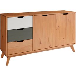 INTER-FURN Sideboard »Scandik« Kommode, praktisch und aus massiver Kiefer, Breite 140 cm Honigfarben lackiert/Weiß/Grau