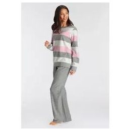 Pyjama Vivance DREAMS, Damen, Gr. 32/34, grau (grau, rosa), Frottee, Obermaterial: 80% Baumwolle, 20% Polyester. Unterteil: 70% Baumwolle, 30% Polyester, gestreift, loose fit lang, Rundhals, eingesetzt Rippb&uuml;ndchen, Homewear-Sets Pyjama, aus weichem Frott&eacute;e und mit Colorblock Streifen