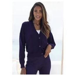 Strickjacke Lascana, Damen, Gr. 44/46, blau (marine), Obermaterial: 50% Viskose, 28% Polyester, 22% Nylon, Basic, bequem h&uuml;ftlang, Rippb&uuml;ndchen, Strickjacken Strickjacke, in kurzer Form, Loungewear