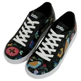 Sneaker DOGO "Ace Low-Top Sneaker Flowers & Birds Black Damen Sneaker", Damen, Gr. 38, Normalschaft, schwarz, Lederimitat, Schuhe Sneaker, Handgefertigt