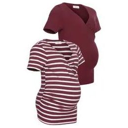 Umstandsshirt Neun Monate "2er Pack T-Shirts f&uuml;r Schwangerschaft und Stillzeit", Damen, Gr. 36/38, rot (bordeaux, bordeaux, gestreift), Jersey, Obermaterial: 95% Baumwolle, 5% Elasthan, geringelt, unifarben, Basic, V-Ausschnitt, Shirts Umstandsshirt, f&uuml;r bequemes Stillen