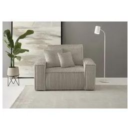 Loveseat OTTO HOME "FINNLEY, XXL-Sessel, Lesesessel, trendige Stoffe, inkl. Zierkissen", grau (taupe), B:120cm H:85cm T:86cm, Bezugstoff 100% PES ;Gramatur 400g/qm +/- 5%, Sessel, verf&uuml;gbar in den Stoffqualit&auml;ten Boucl&eacute;, Struktur fein und Mega Cord