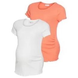 Umstandsshirt Neun Monate "2er Pack Schwangerschafts-Shirts", Damen, Gr. 44/46, aprikot, wei&szlig;, Rippware, Obermaterial: 100% Baumwolle, unifarben, Basic, sehr figurbetont h&uuml;ftlang, Rundhals, Shirts Umstandsshirt, T-Shirts f&uuml;r Schwangerschaft und danach