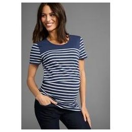 Umstandsshirt Neun Monate "Geringeltes Schwangerschaft und Still-Shirt", Damen, Gr. 40/42, blau (blau geringelt), Single Jersey, Obermaterial: 95% Baumwolle, 5% Elasthan, geringelt, bequem, Rundhals, abgesteppte Kante, Shirts Umstandsshirt, f&uuml;r bequemes Stillen