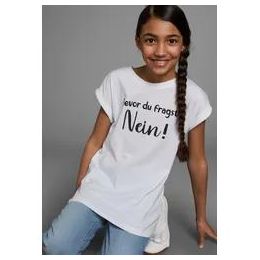 T-Shirt Kidsworld "Bevor Du fragst: NEIN", M&auml;dchen, Gr. 140/146, wei&szlig;, Single Jersey, Obermaterial: 100% Baumwolle, bedruckt, weit h&uuml;ftbedeckend, Rundhals, Aufschlag, Shirts T-Shirt, Kurzarm, mit Print, Rundhalsausschnitt