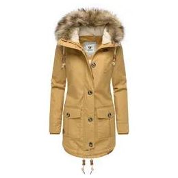 Wintermantel Ragwear "Jane YOUMODO", Gr. M (38), camelfarben, Obermaterial: 65% Polyester, 35% Baumwolle. Innenfutter: 100% Polyester. Wattierung: 100% Polyester, tailliert Po-bedeckend, hoch geschlossener Ausschnitt, &Auml;rmel ohne &Auml;rmelschlitz eckige 1-Knopf-Manschette mit Kn&ouml;pfen, M&auml;ntel Wintermantel, Winter Kurzmantel mit Kapuze und Kunstfellkragen