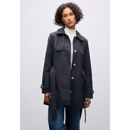 Trenchcoat Street One, Damen, Gr. 46, blau (gravity blau), Web, Obermaterial: 69% Baumwolle, 31% Polyester; Futter: 100% Polyester, unifarben, gerade hüftbedeckend, V-Ausschnitt, Bündchen, Mäntel, mit Bindegürtel