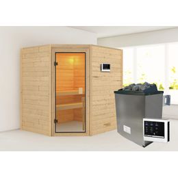 Sauna Karibu "Mia (Fronteinstieg)", beige (naturbelassen), (ohne Ofen), Saunen, Ofen 9 KW externe Strg easy