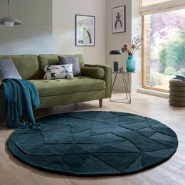 Wollteppich FLAIR RUGS "Shard", blau (petrol), B:160cm H:10mm L:160cm Ø:160cm, Wolle, Teppiche, Hoch-Tief Effekt, Handgearbeitet